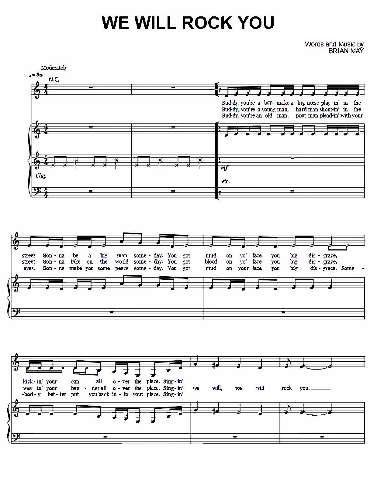 Queen - We Will Rock You Sheet Music - Classic Rock Music Notes for ...