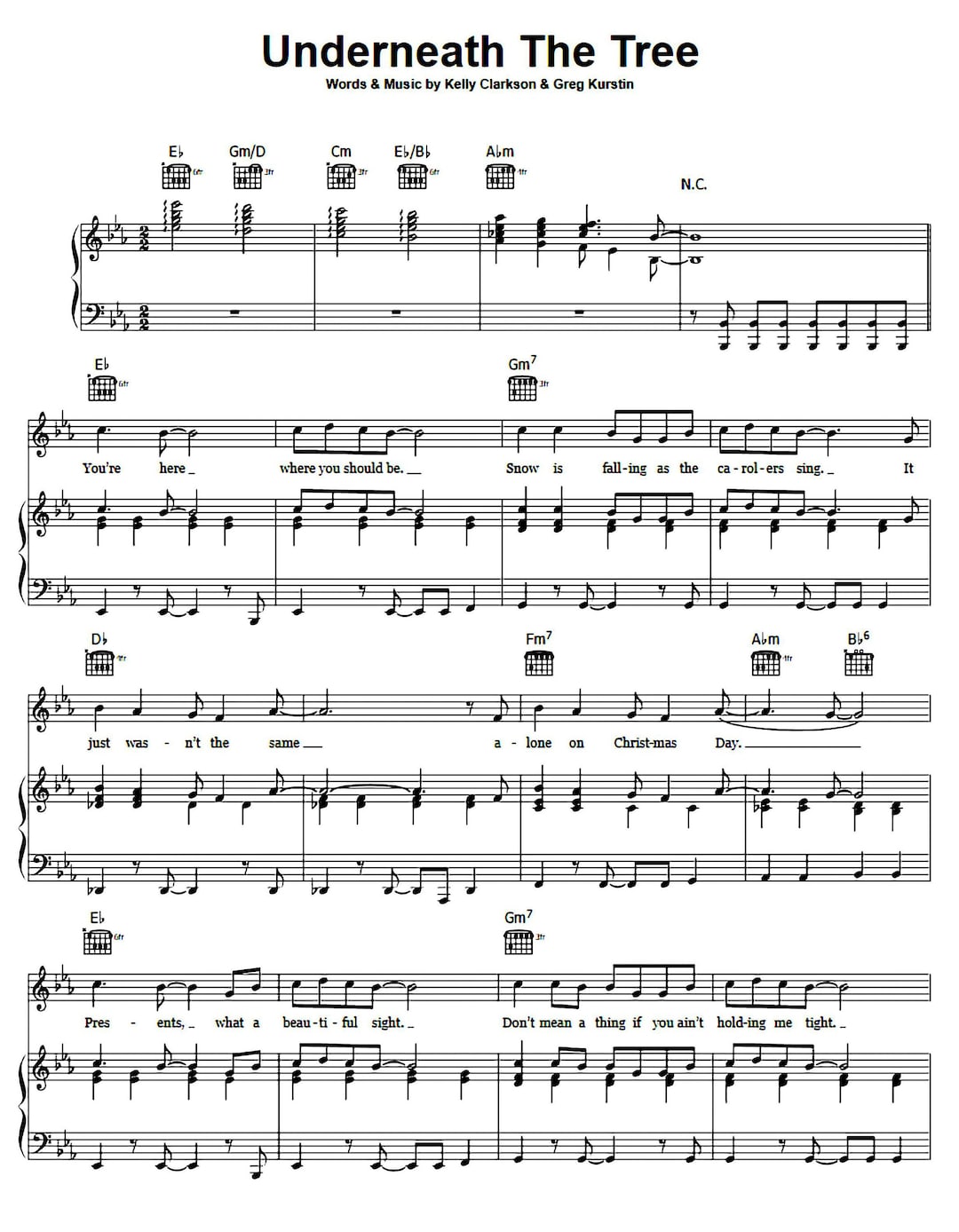 Kelly Clarkson Underneath the Tree Sheet Music Printable Festive Piano ...