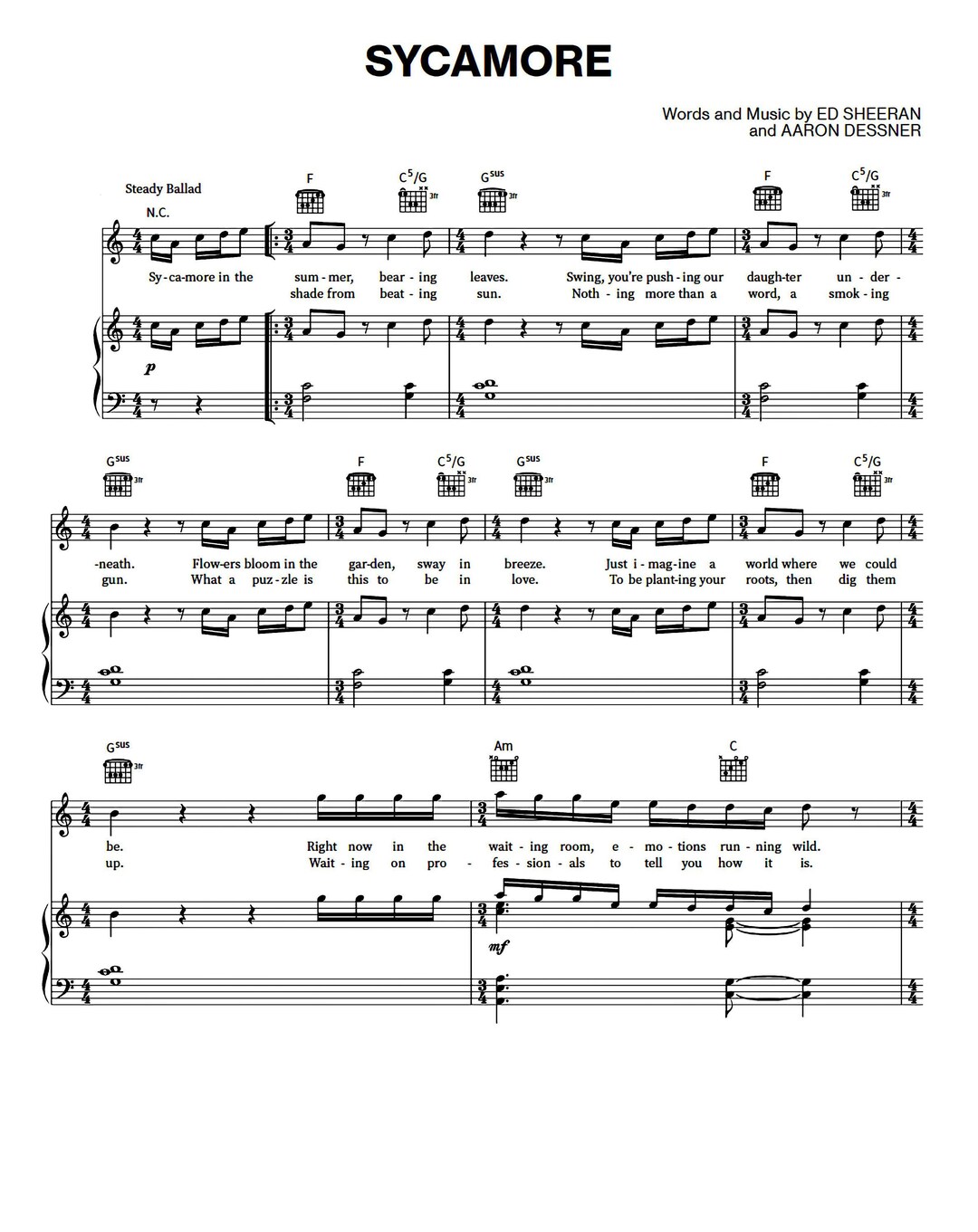 Ed Sheeran Sycamore Sheet Music Piano Notes for Fans, Music Enthusiasts ...