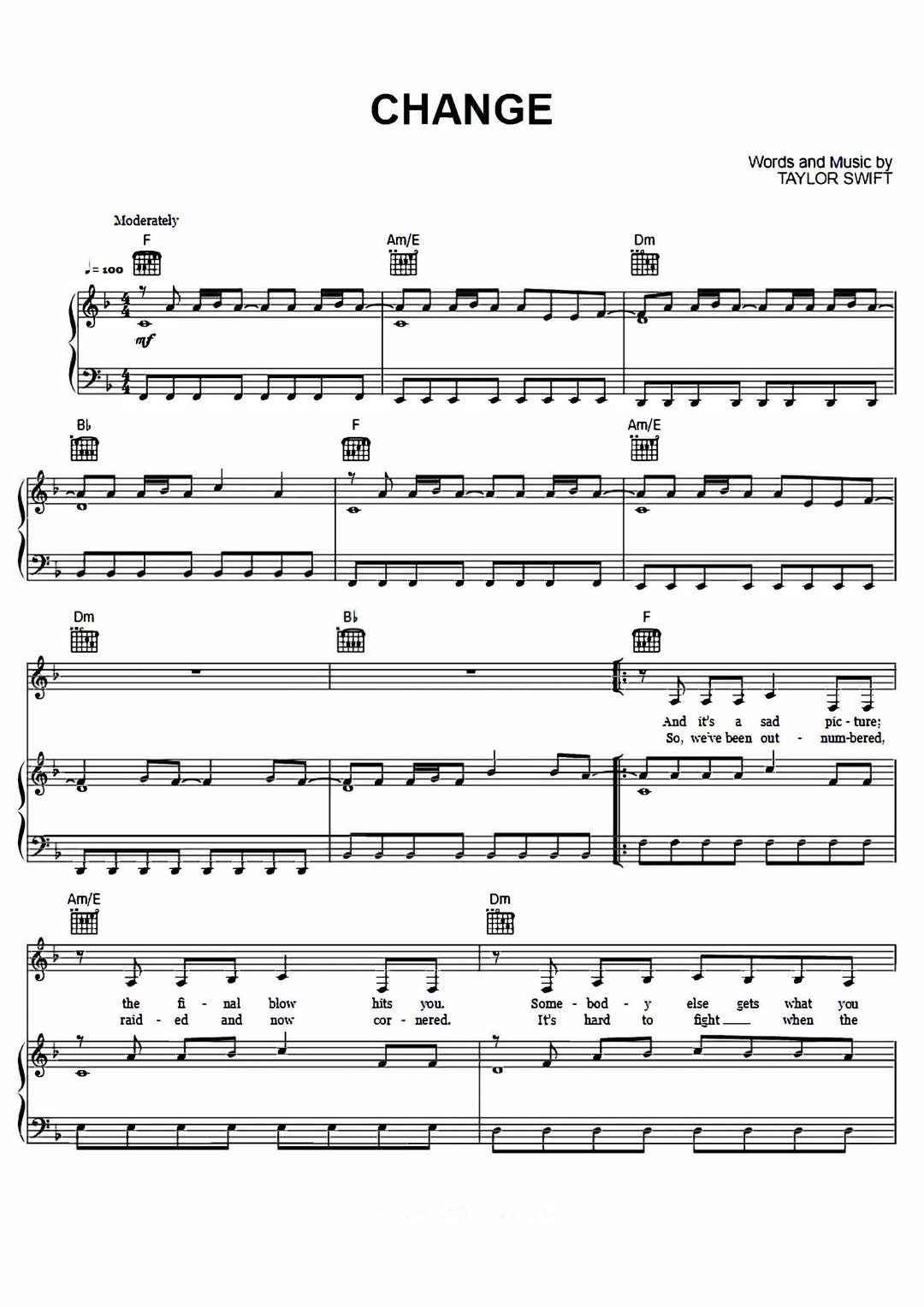 Taylor Swift Change Sheet Music Piano, Guitar, Voice Digital Download ... Taylor Swift Change Sheet Music Piano, Guitar, Voice Digital Download ...