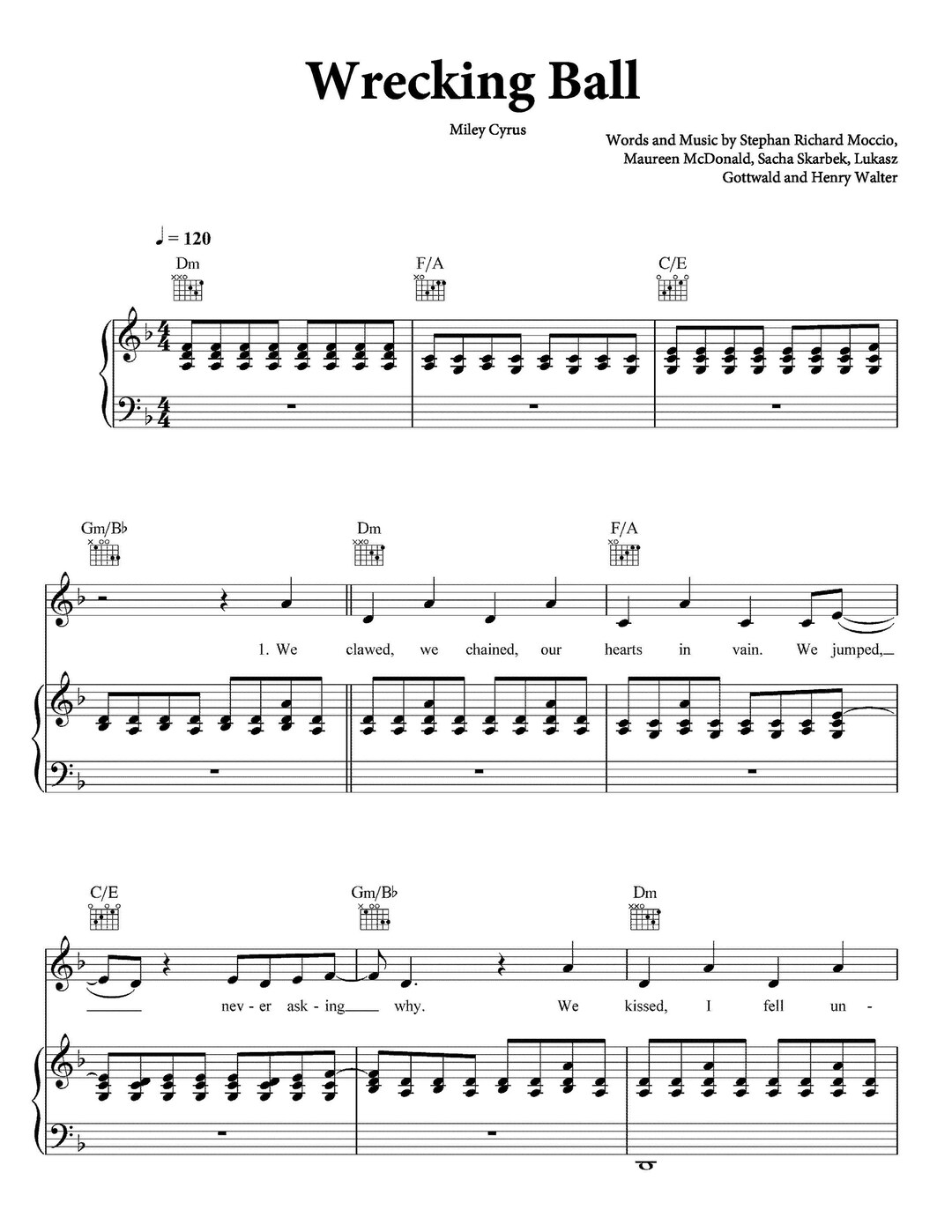 Miley Cyrus Wrecking Ball Sheet Music, Piano, Vocal, Guitar Chords ...