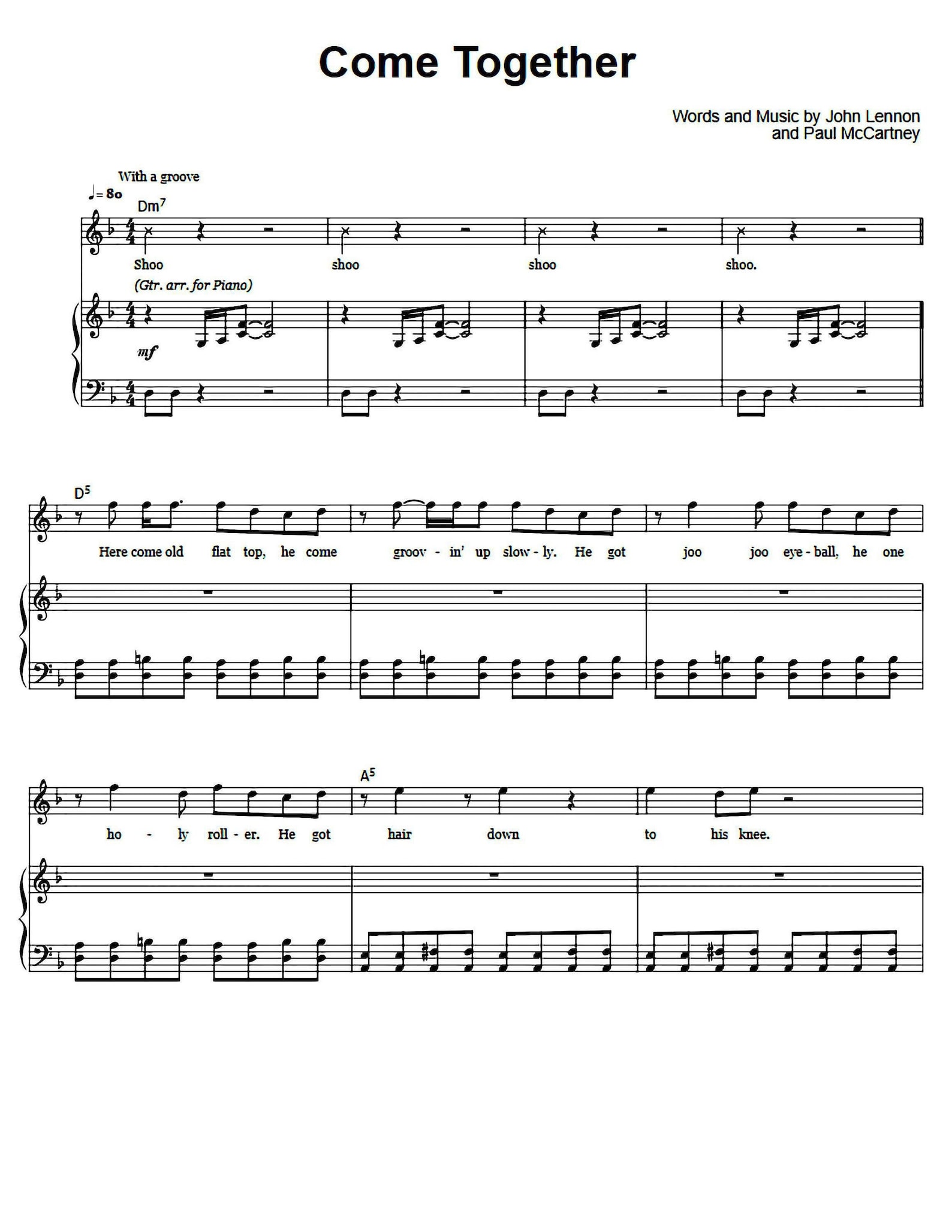 The Beatles come Together Music Sheet Printable Piano Score Classic ...
