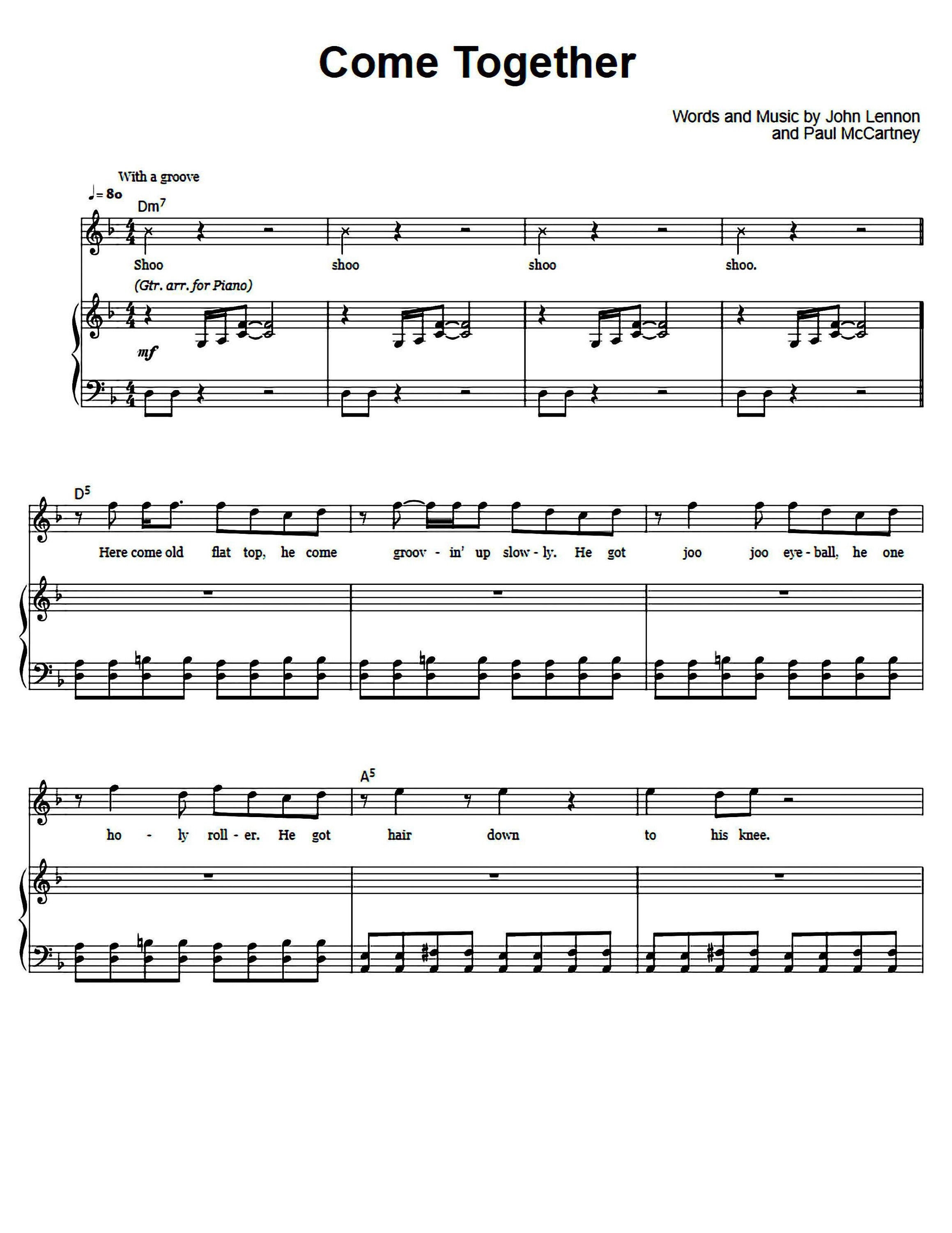 The Beatles come Together Music Sheet Printable Piano Score Classic ...