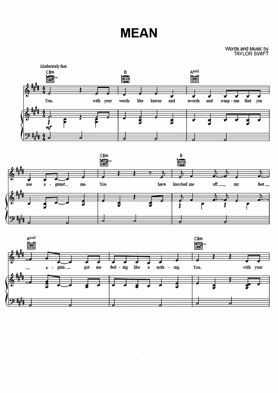 Taylor Swift Mean Sheet Music, Printable PDF Download, Guitar Piano ...