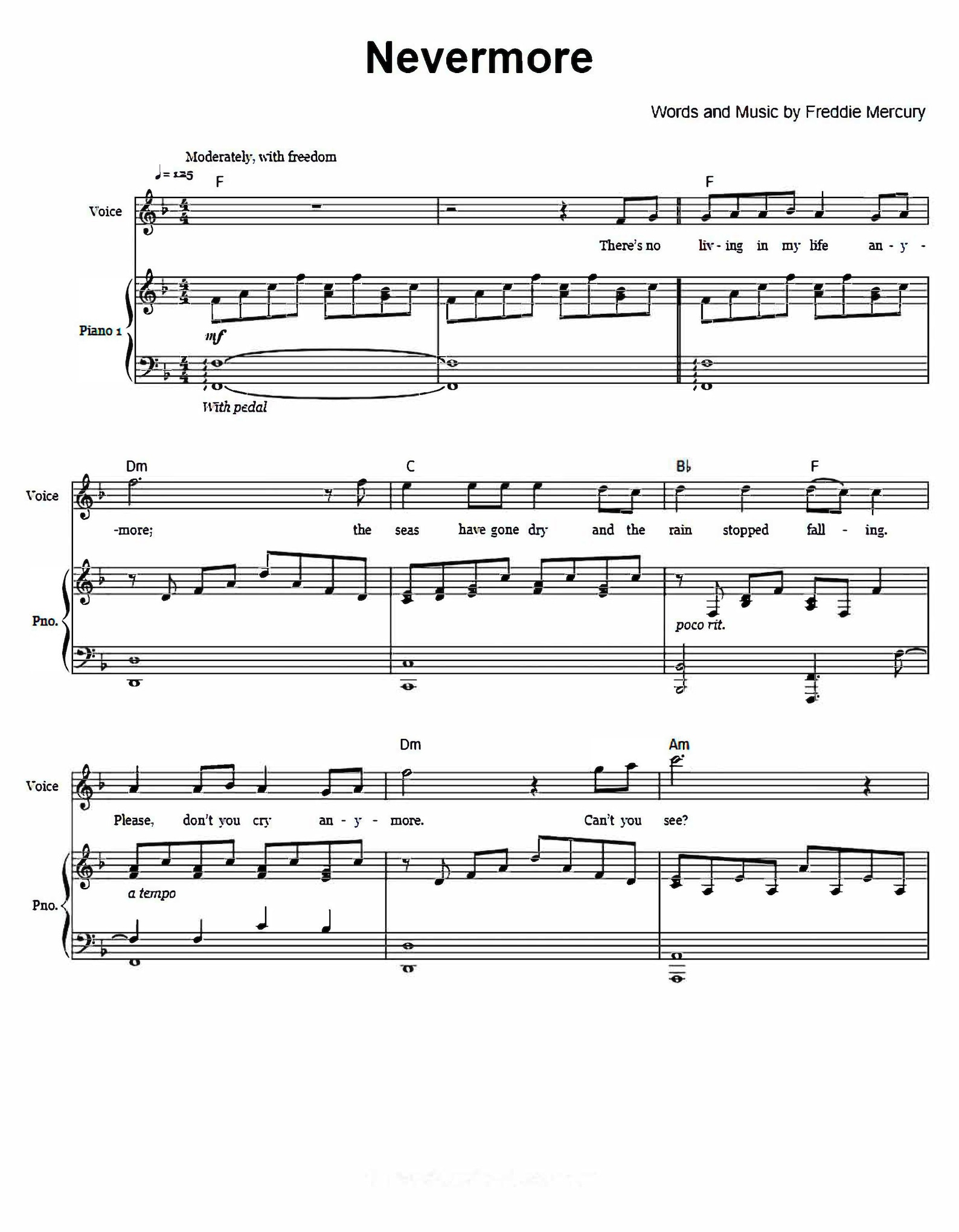 Queen Nevermore Sheet Music Bohemian Rhapsody Piano Notes, Classic Rock ...