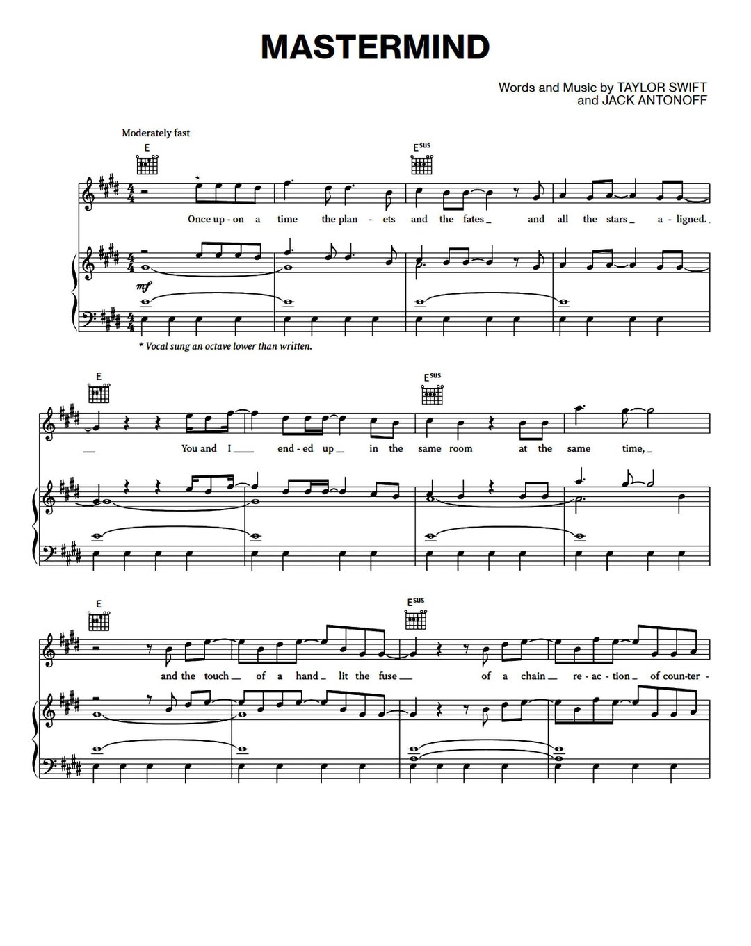 Taylor Swift Partitura Mastermind Notas de piano, Descarga digital ...