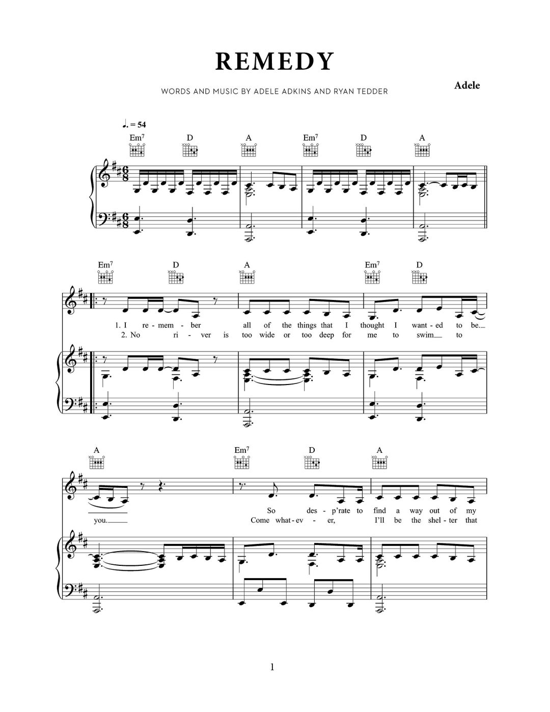 Adele Remedy Sheet Music Printable PDF Instant Download Piano, Voice ...