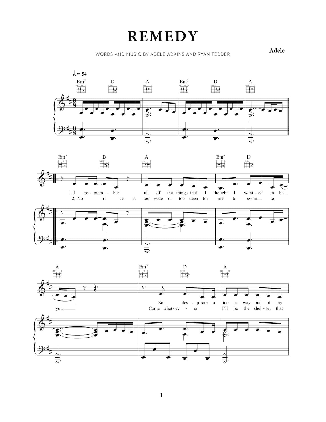 Adele Remedy Sheet Music Printable PDF Instant Download - Etsy