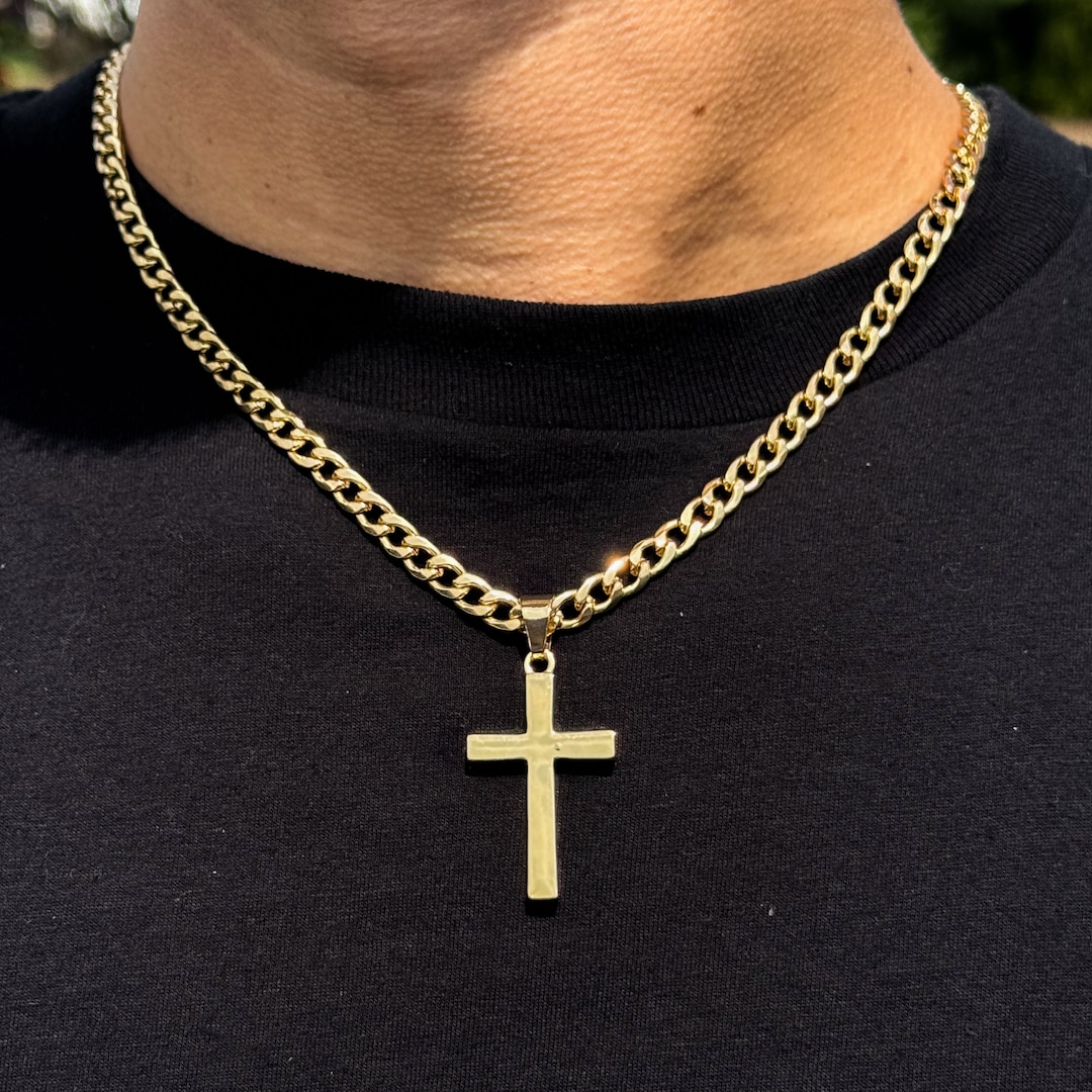Men's Medium Gold Solid Cross Pendant With 5mm Cuban or 4mm Rope ...