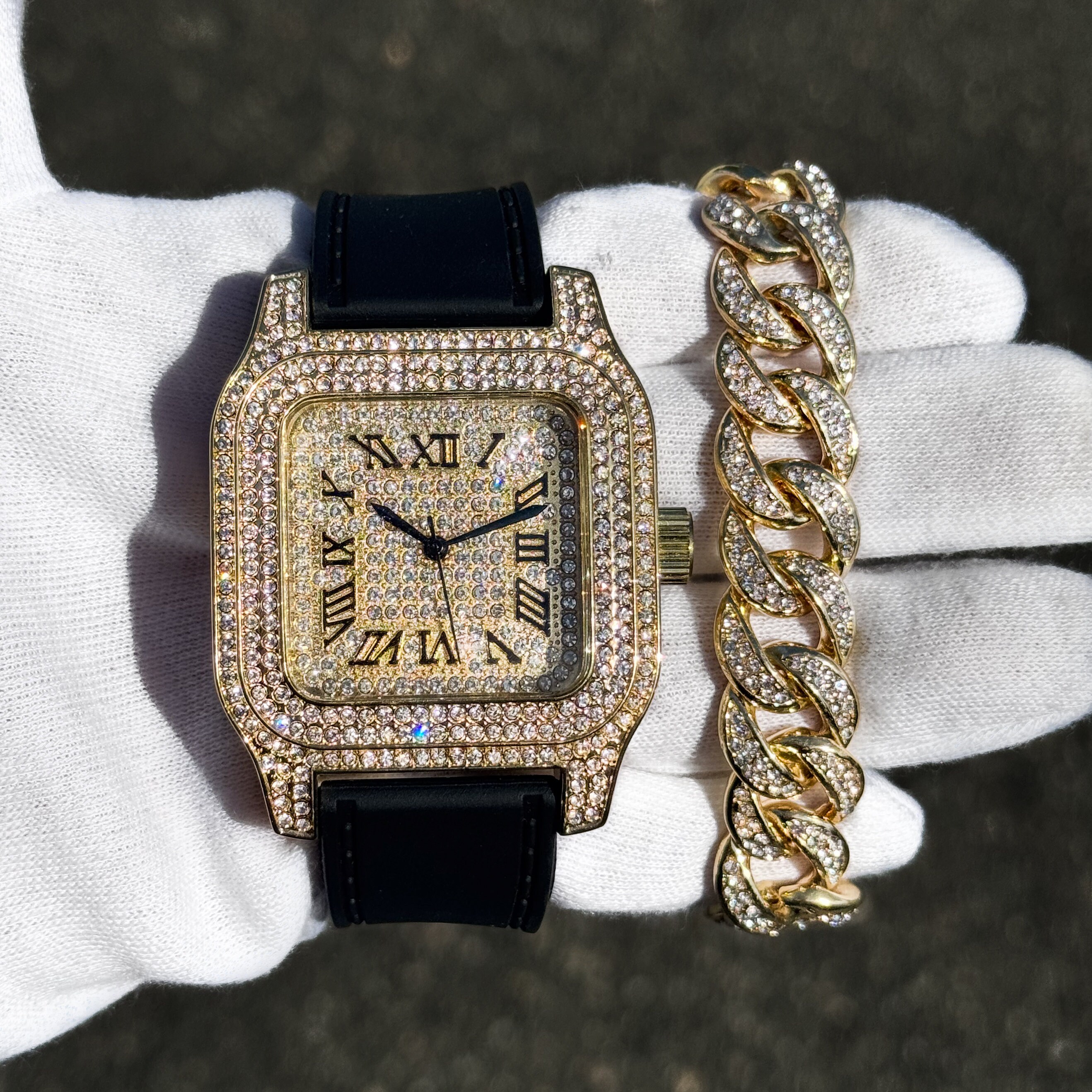 Men's 45mm Square Diamond Watch and Bracelet Set Fully Iced Out Bezel ...