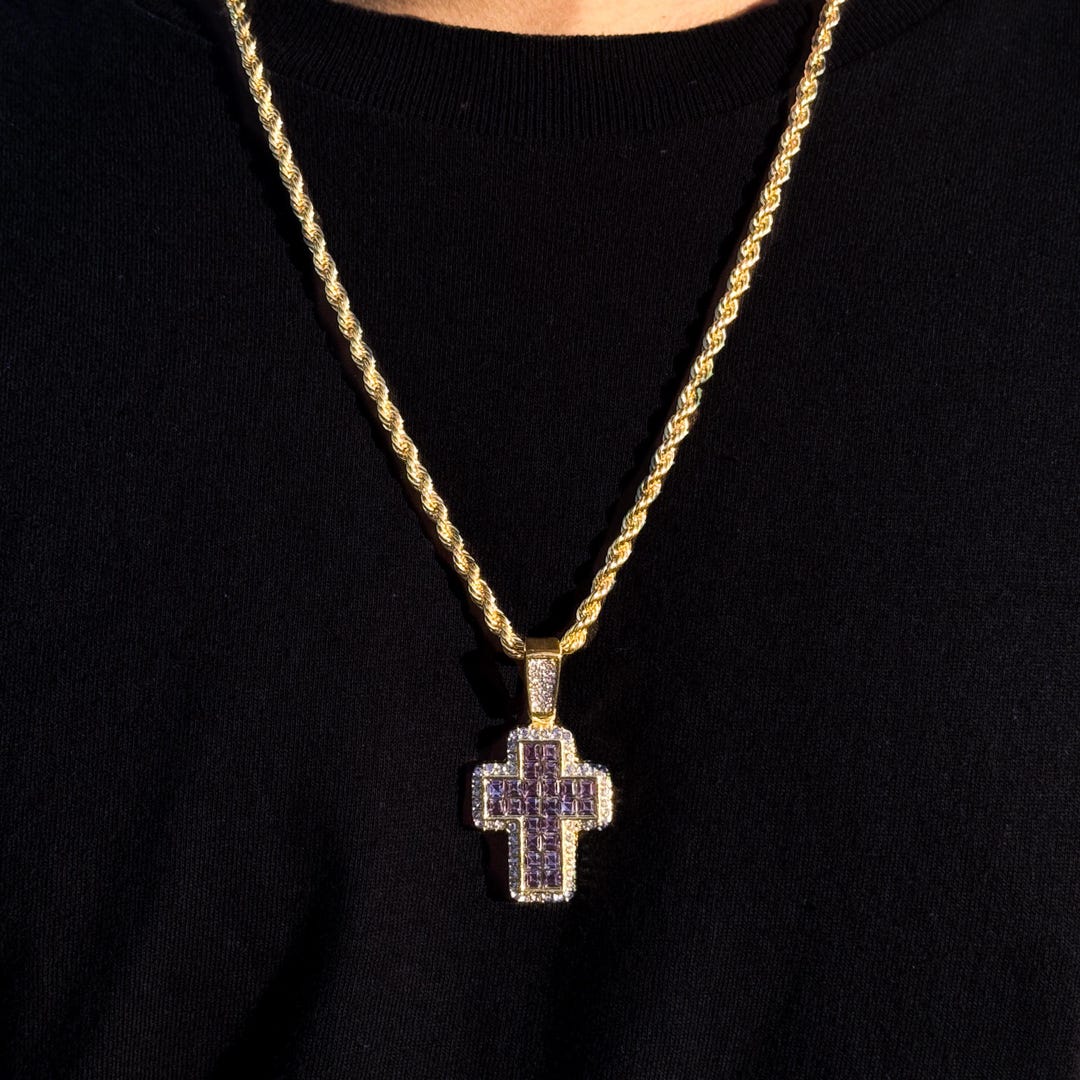 Men's Medium Iced Out Purple Cross Pendant With 4mm Rope Chain Luxury ...
