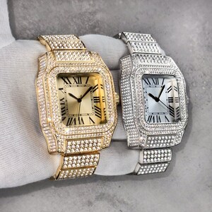 Men's 45mm Square Diamond Watch Fully Iced Out Case With Roman Dial ...