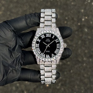 Women's 40mm Silver Iced Out Watch Solitaire Bezel With Bling-ed Roman ...