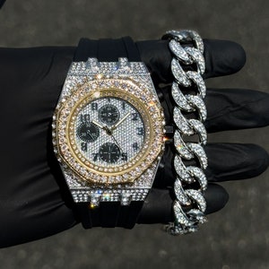 Men's 43mm Octagon Bezel Diamond Watch and Bracelet Set Fully Iced Out ...