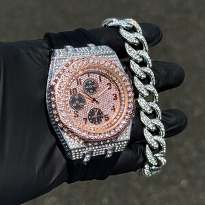 Men's 43mm Octagon Bezel Rose Gold Diamond Watch and Bracelet Set Fully ...