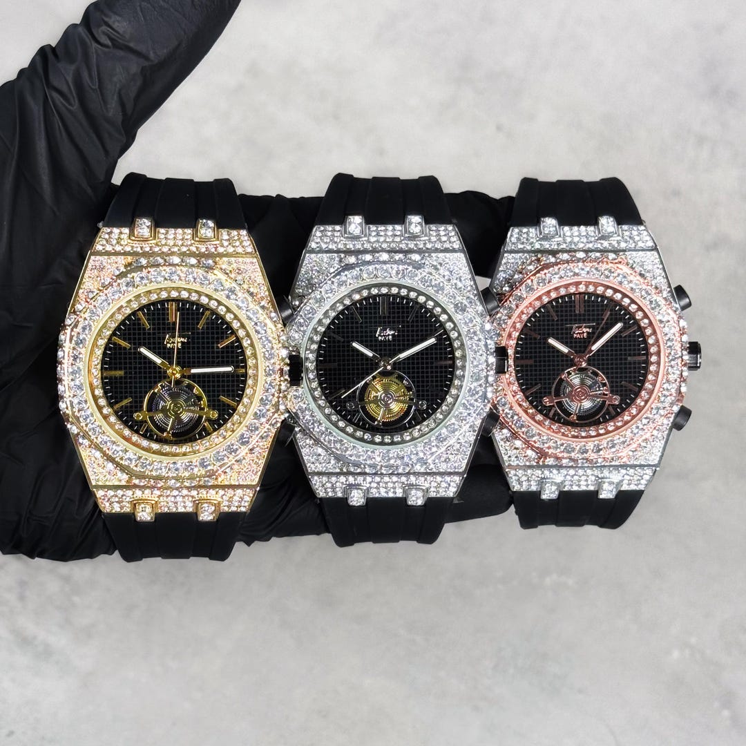 Men's 43mm Iced Out Octagon Bezel Silicone Band Watch Quartz Movement ...