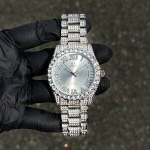 Women's 40mm Silver Iced Out Watch Solitaire Bezel With Bling-ed Roman ...
