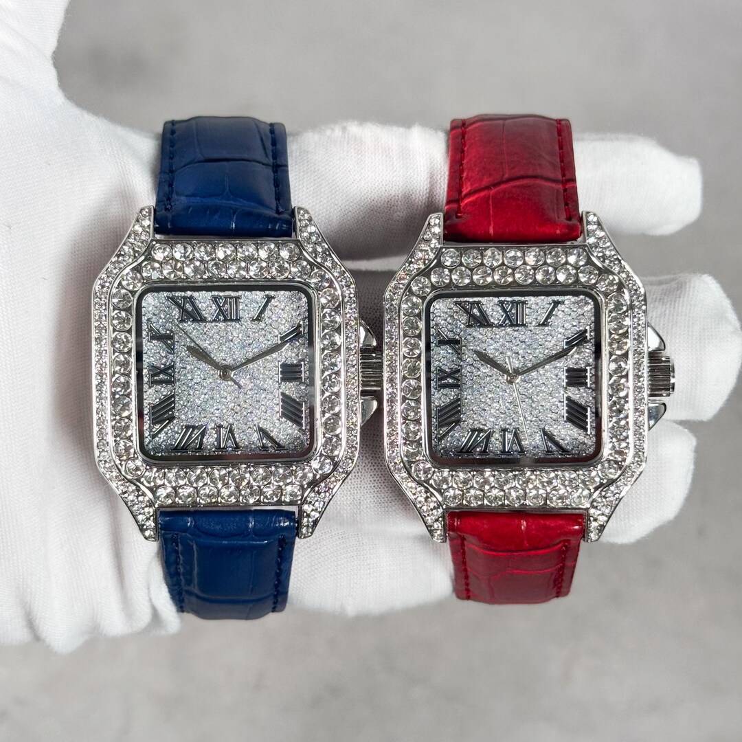 Men's 32mm Iced Out Square Dial Watch - Multi-colour Leather Band ...