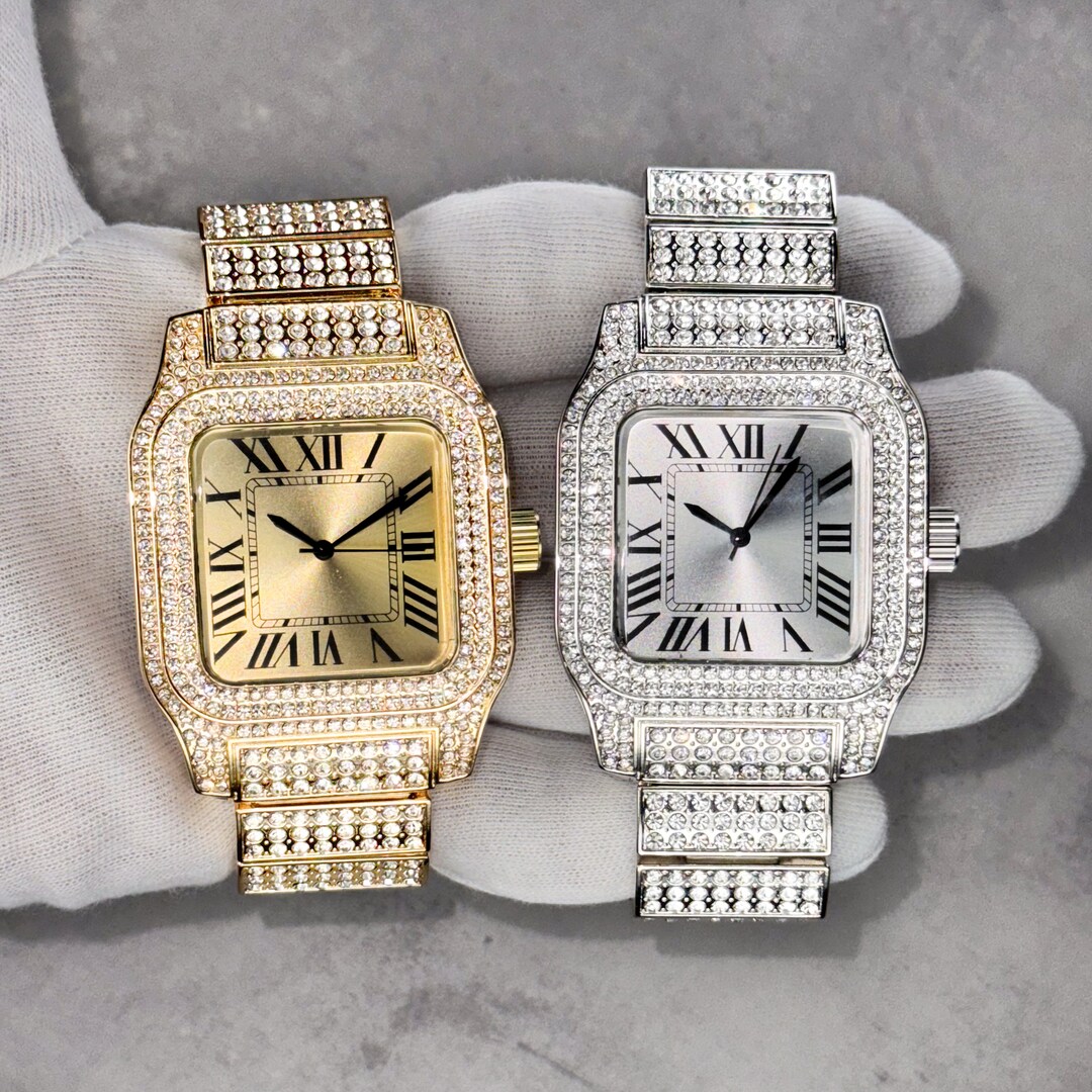 Men's 45mm Square Diamond Watch Fully Iced Out Case With Roman Dial ...