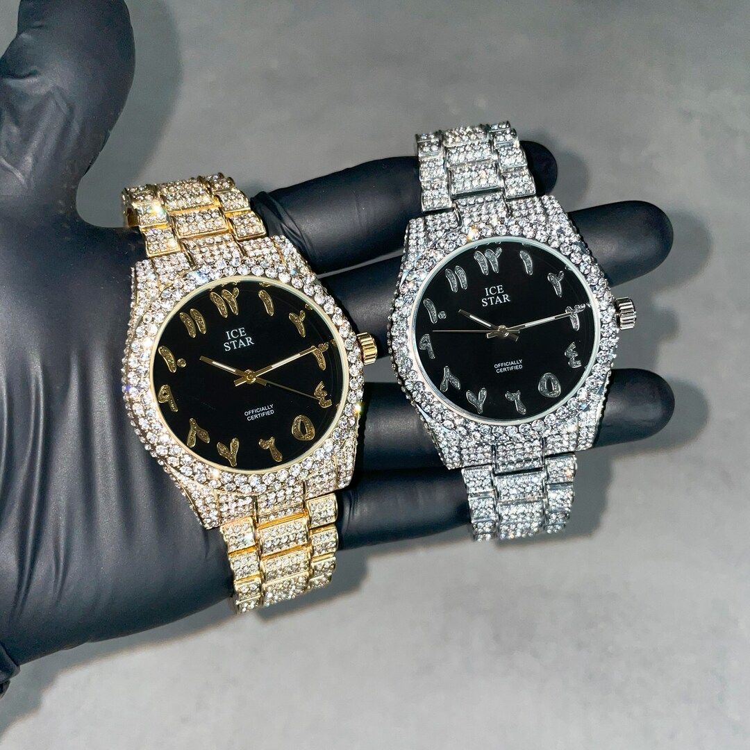 Men's 40mm Iced Out Watch With Blackout Arabic Dial Binged Out Case ...