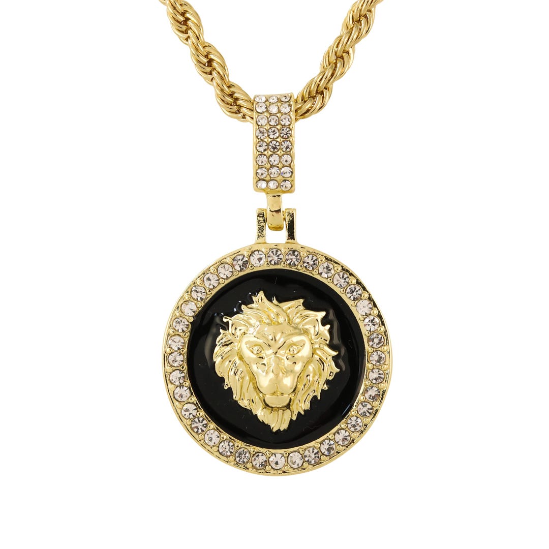 Men's Iced Out Black Lion Medallion Pendant With 4mm Rope Necklace - Etsy