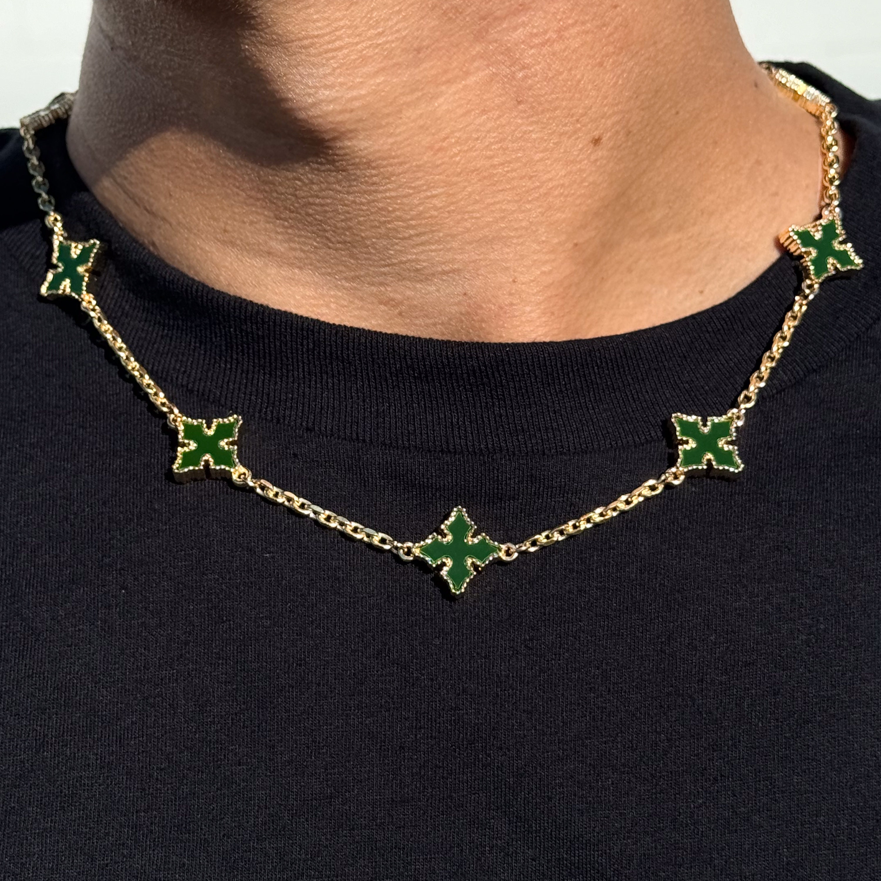 Men's Chrome Inspired Green Multi Cross Link Chain Necklace With Double ...