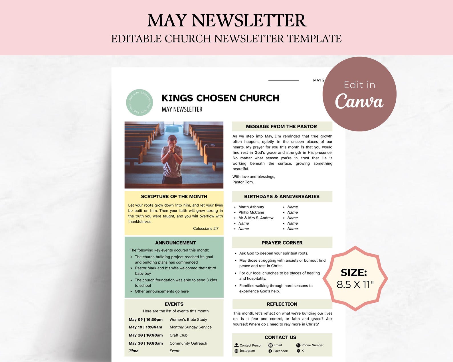 May Editable Church Newsletter Template, Canva Christian Newsletter ...