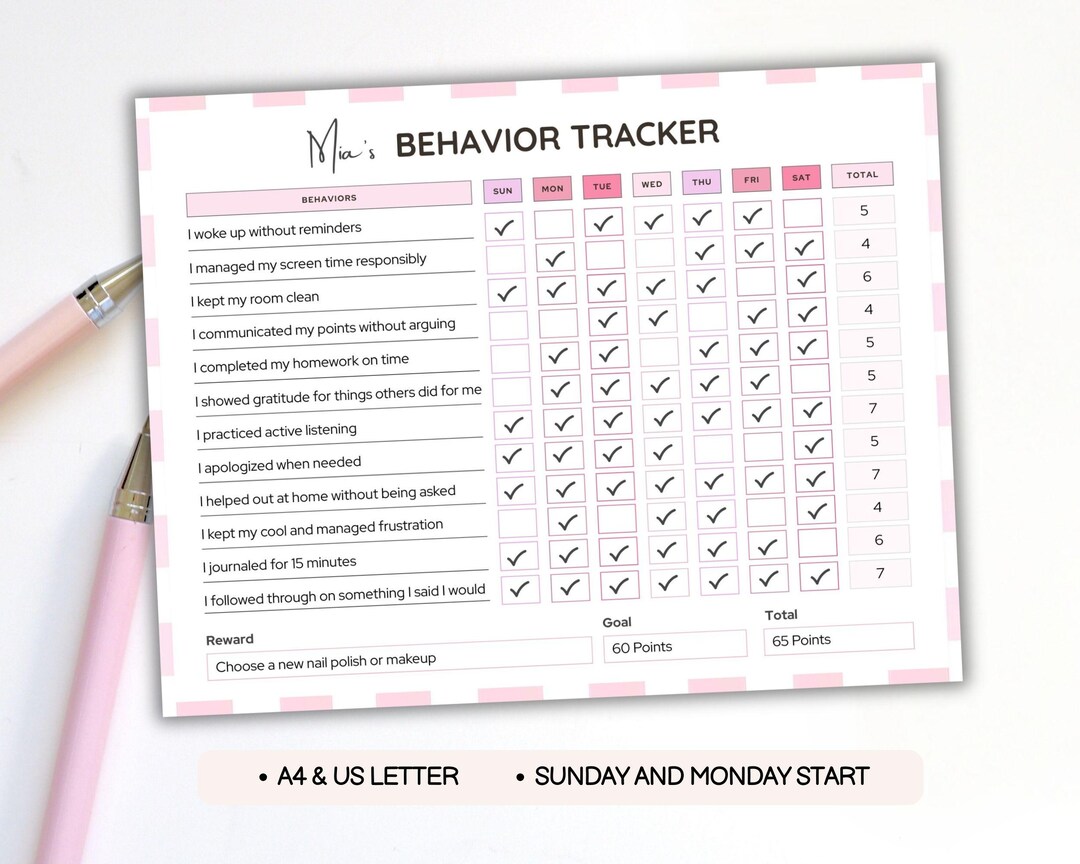 Pink Gingham Teen Behavior Tracker Printable: Responsibility Chart ...