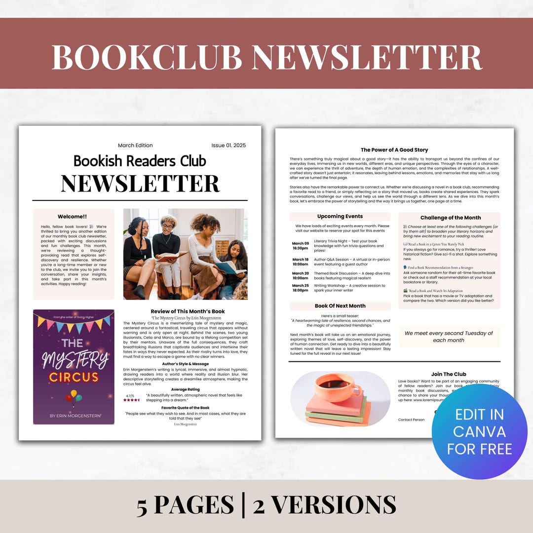Customizable Book Club Newsletter, Editable 2 & 3 Page Printables for ...