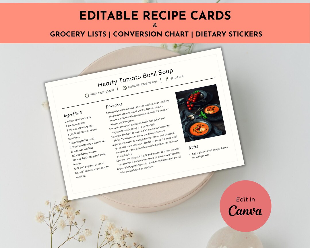 Simple Editable Recipe Card Template, Grocery List, Printable Templates ...