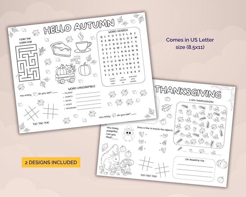 Thanksgiving Activity Placemat for Kids: Fall Games & Coloring (PDF ...