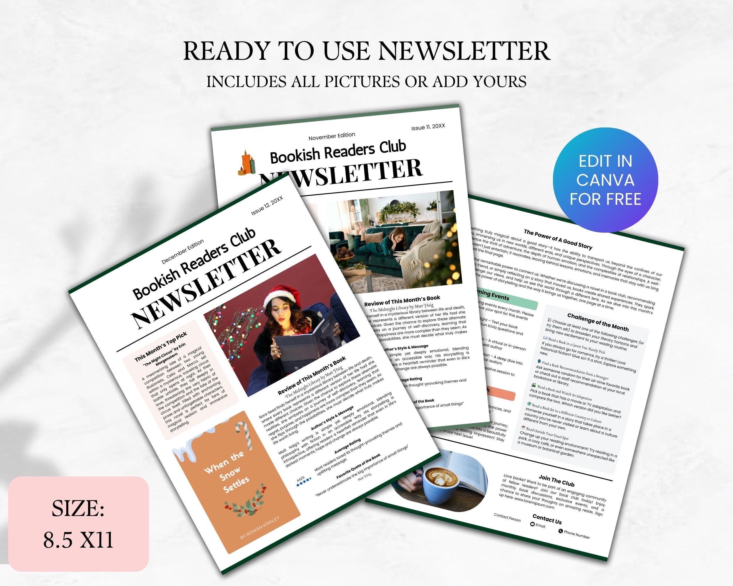 Monthly Book Club Newsletter Canva Template, Editable 24 Page Full Year ...