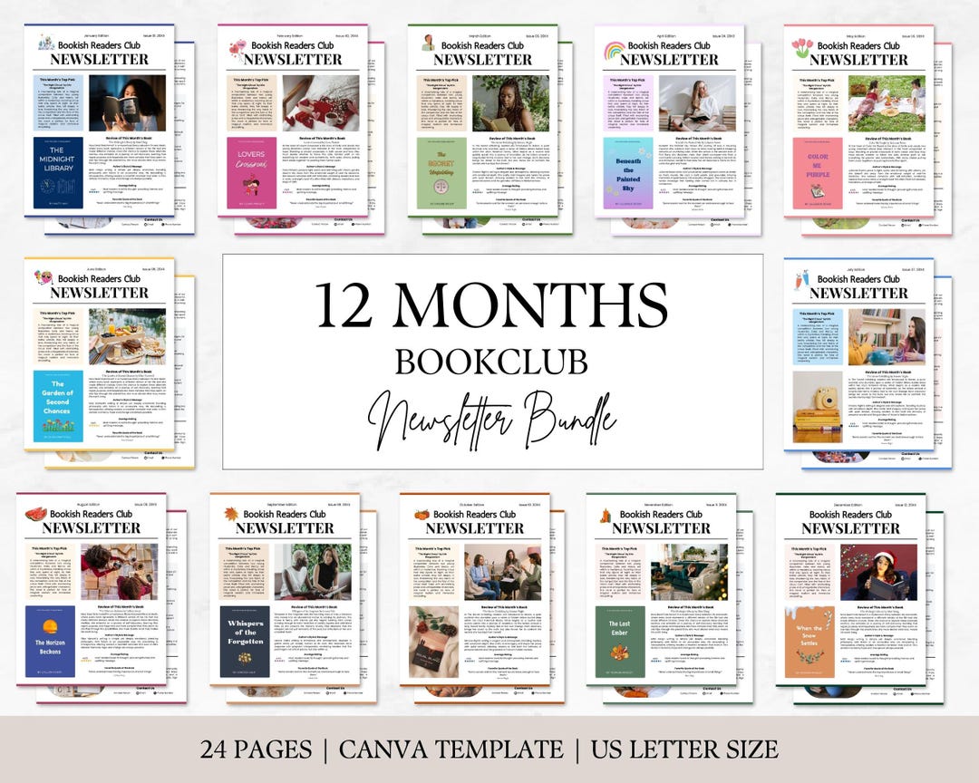 Monthly Book Club Newsletter Canva Template, Editable 24 Page Full Year ...