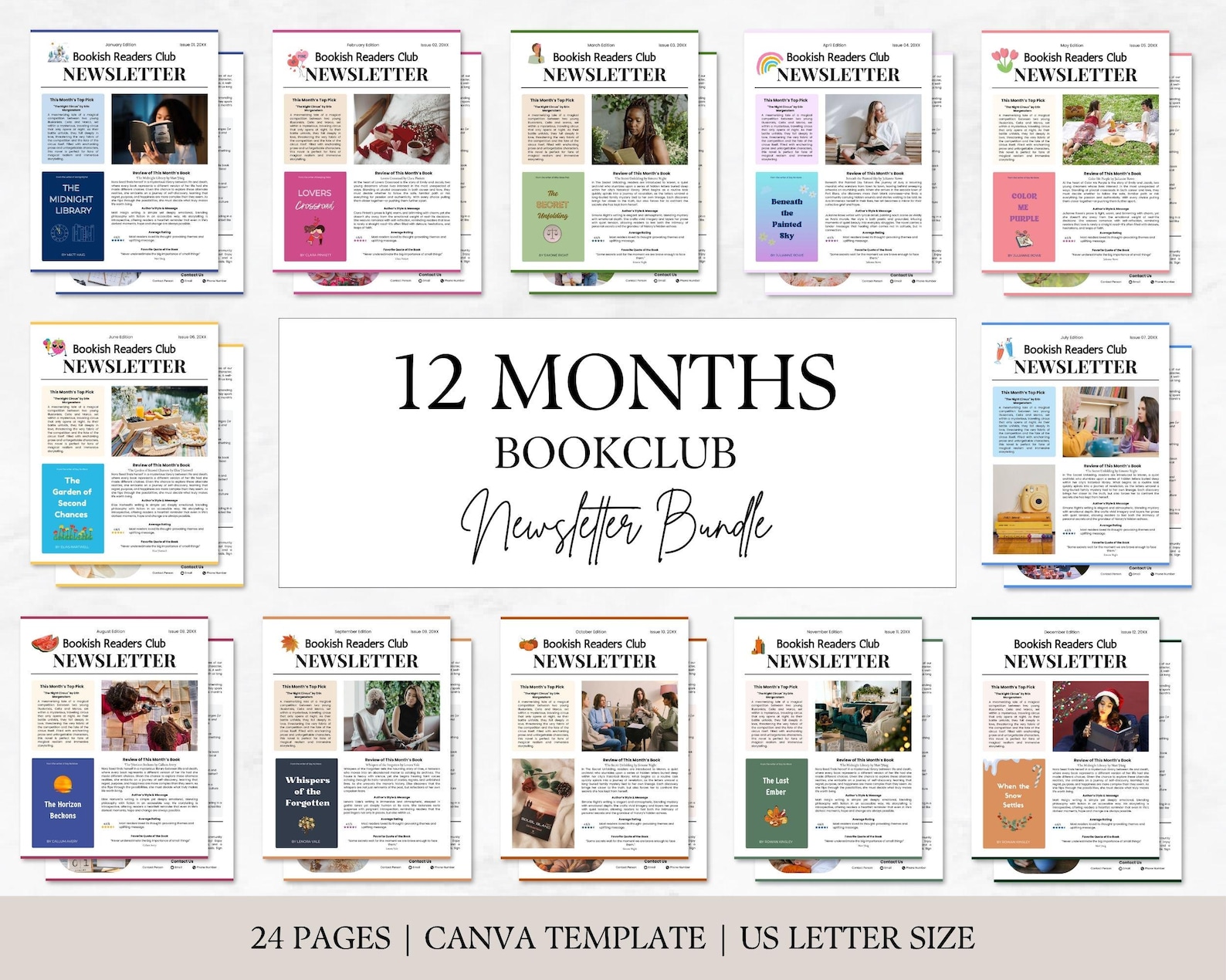 Monthly Book Club Newsletter Canva Template, Editable 24 Page Full Year ...