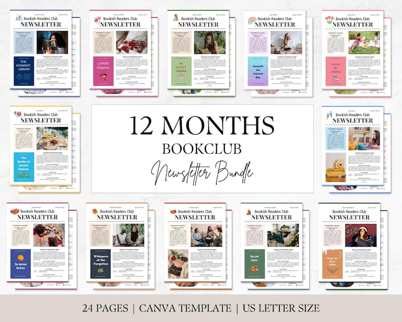 Monthly Book Club Newsletter Canva Template, Editable 24 Page Full Year ...