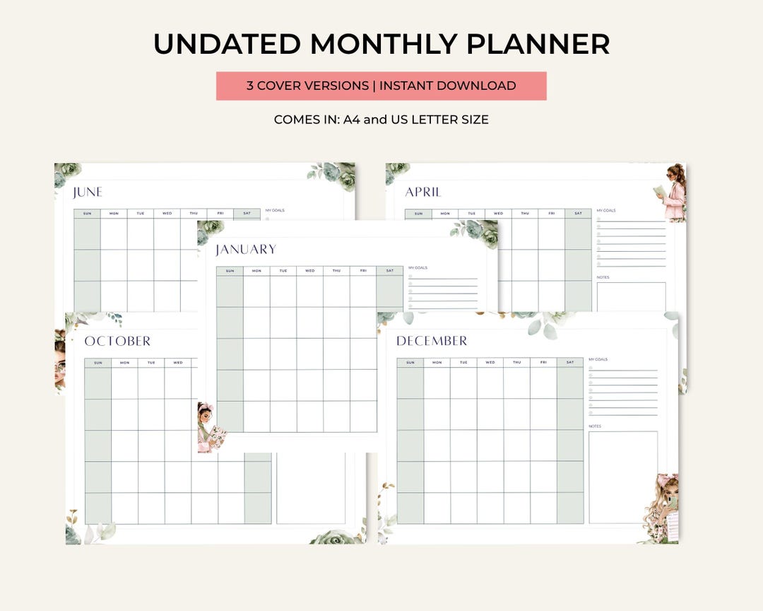 Sage Green Floral Monthly Planner: Undated Calendar - Etsy