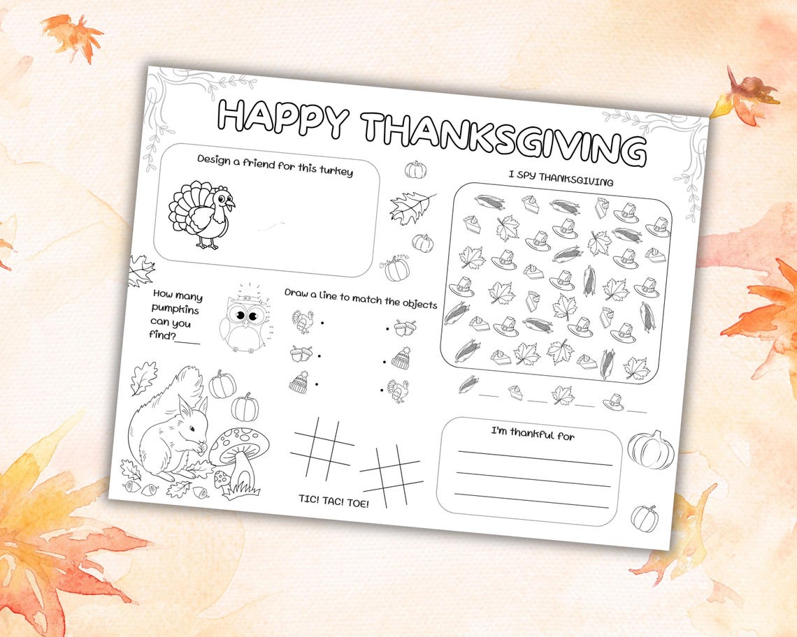 Thanksgiving Activity Placemat for Kids: Fall Games & Coloring (PDF ...