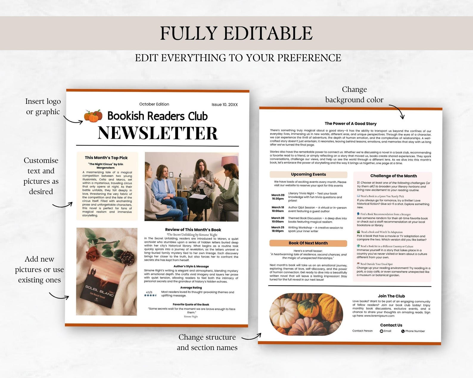 Monthly Book Club Newsletter Canva Template, Editable 24 Page Full Year ...