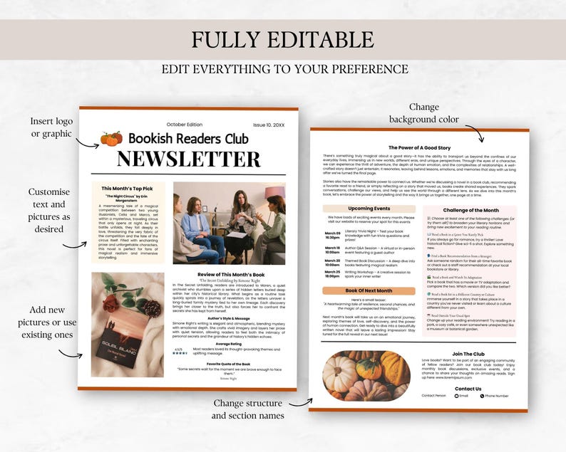 Monthly Book Club Newsletter Canva Template, Editable 24 Page Full Year ...