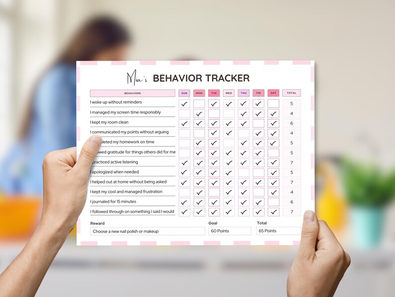 Pink Gingham Teen Behavior Tracker Printable: Responsibility Chart ...