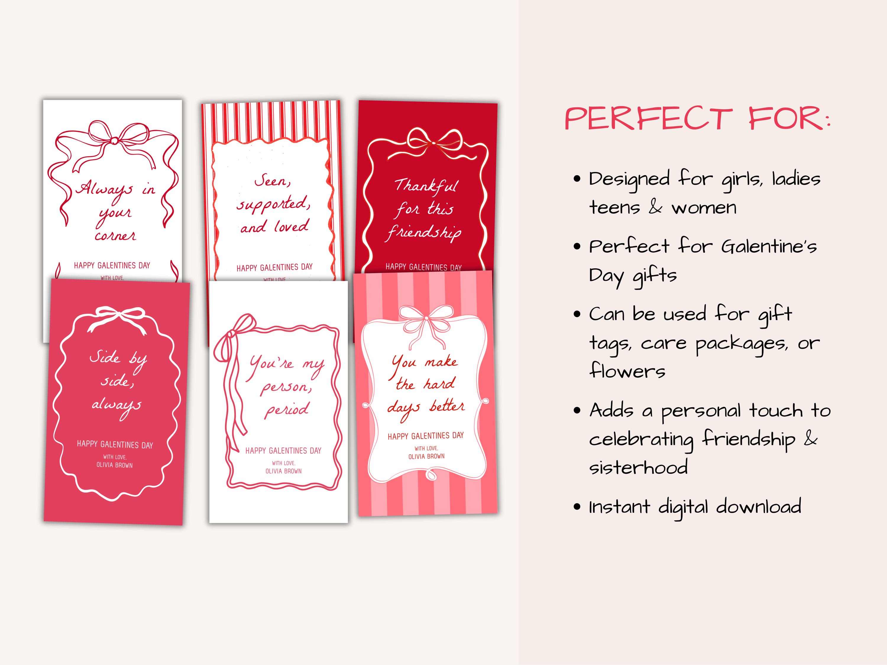 Galentine’s Day Gift Tags, Friendship Quotes, Red Bow Minimal Hand ...