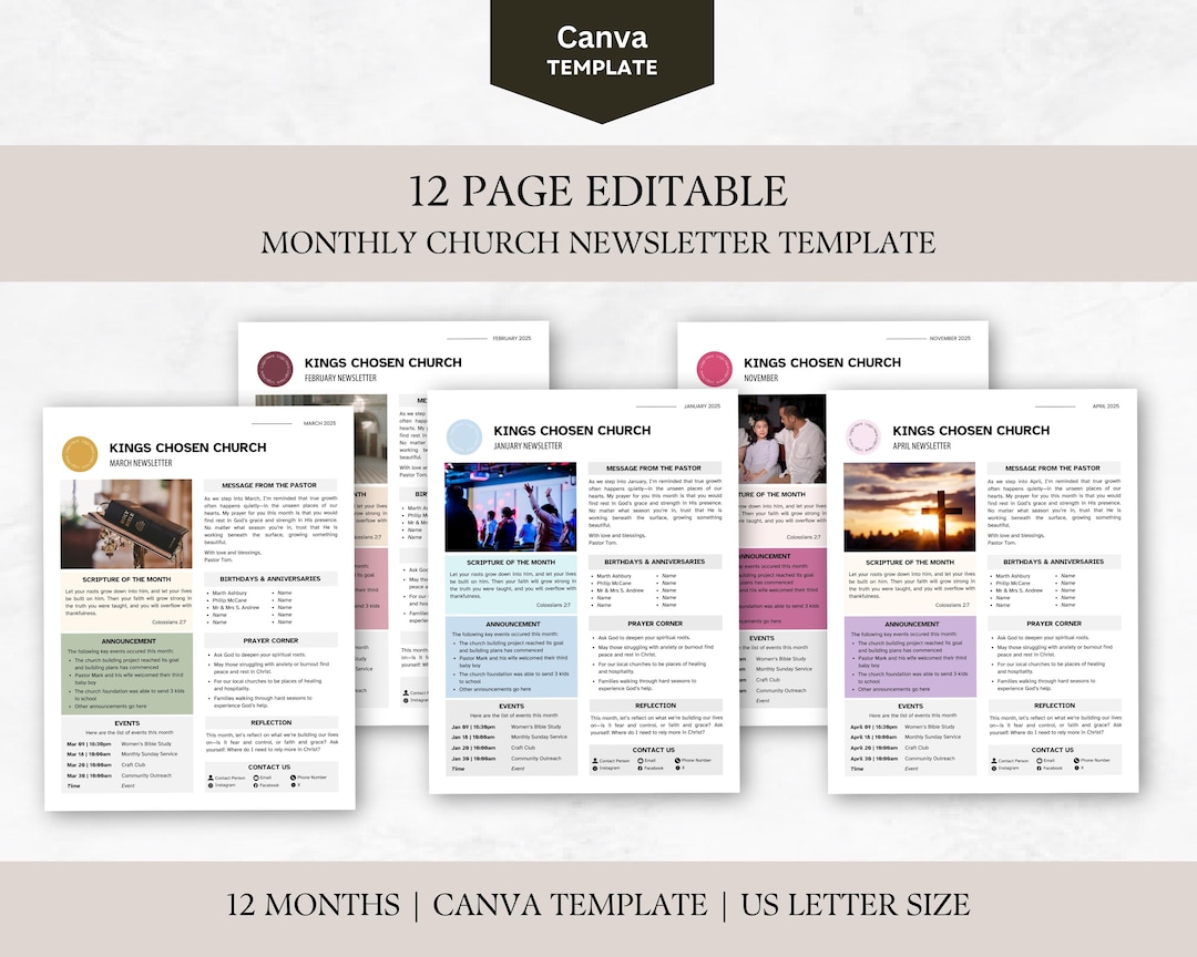 12 Months Editable Church Newsletter Template, Canva Monthly Newsletter ...