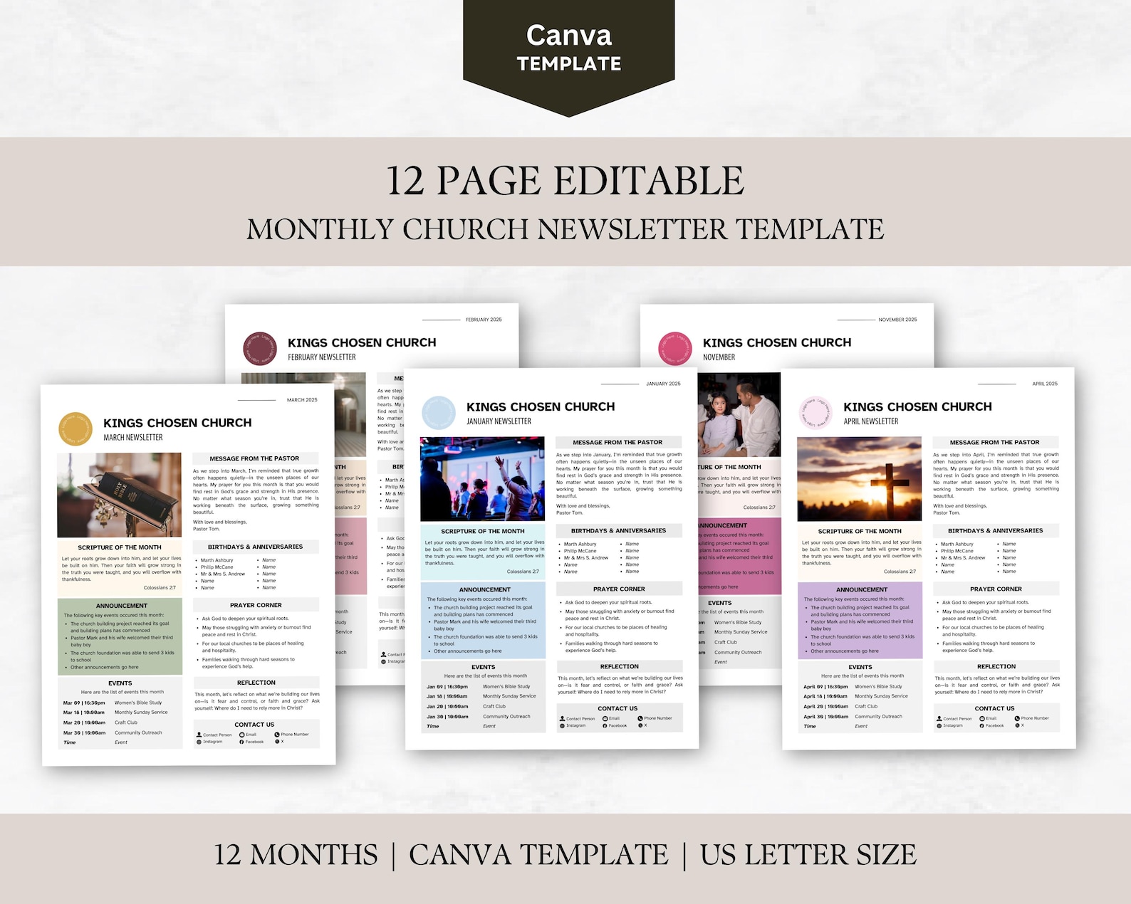 12 Months Editable Church Newsletter Template, Canva Monthly Newsletter ...