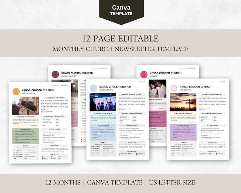 12 Months Editable Church Newsletter Template, Canva Monthly Newsletter ...