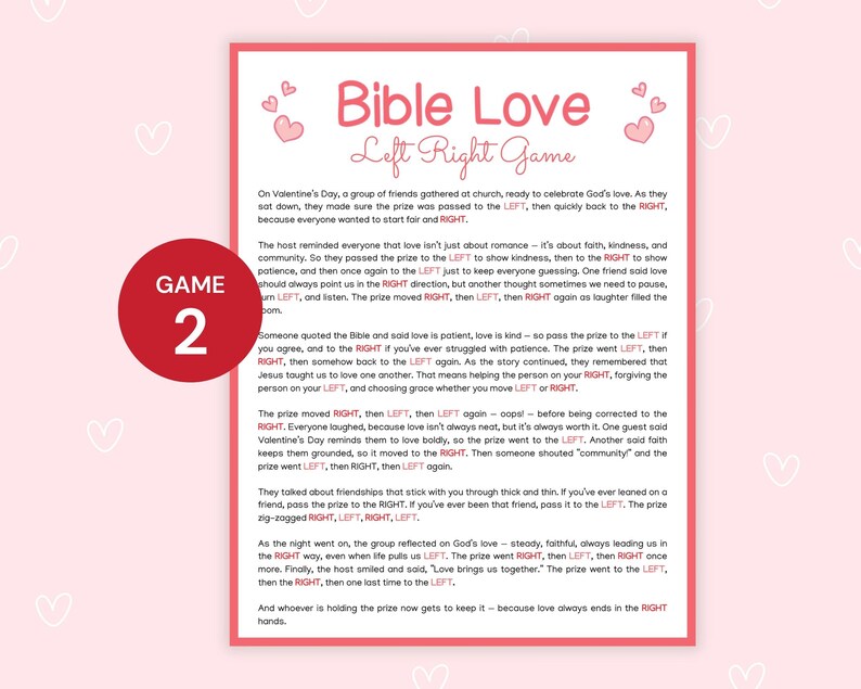 Bible Love Pass the Prize Game, Valentine Left Right Game, Christian ...