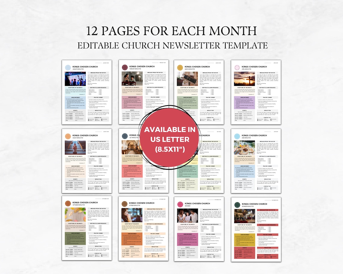 12 Months Editable Church Newsletter Template, Canva Monthly Newsletter ...