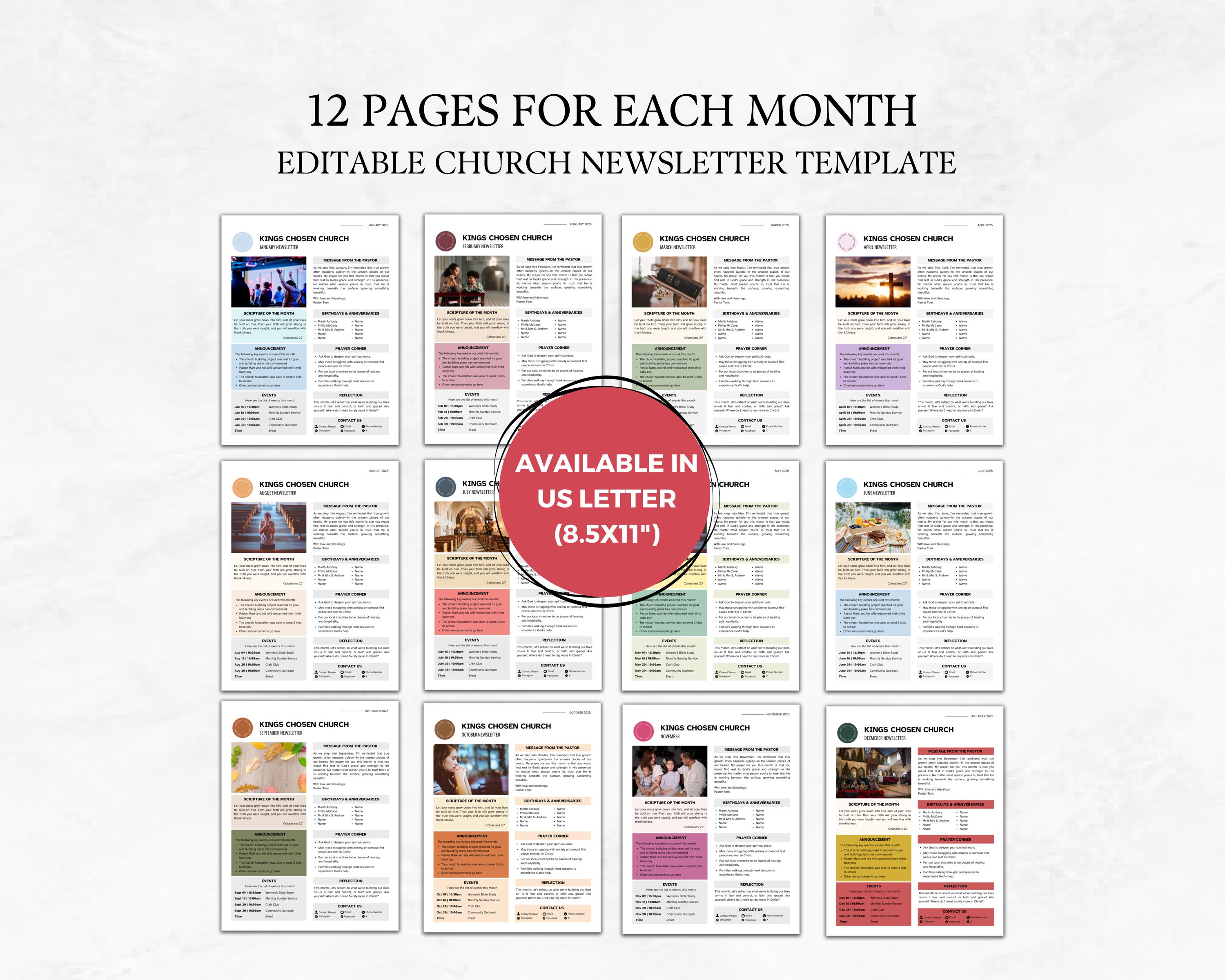 12 Months Editable Church Newsletter Template, Canva Monthly Newsletter ...