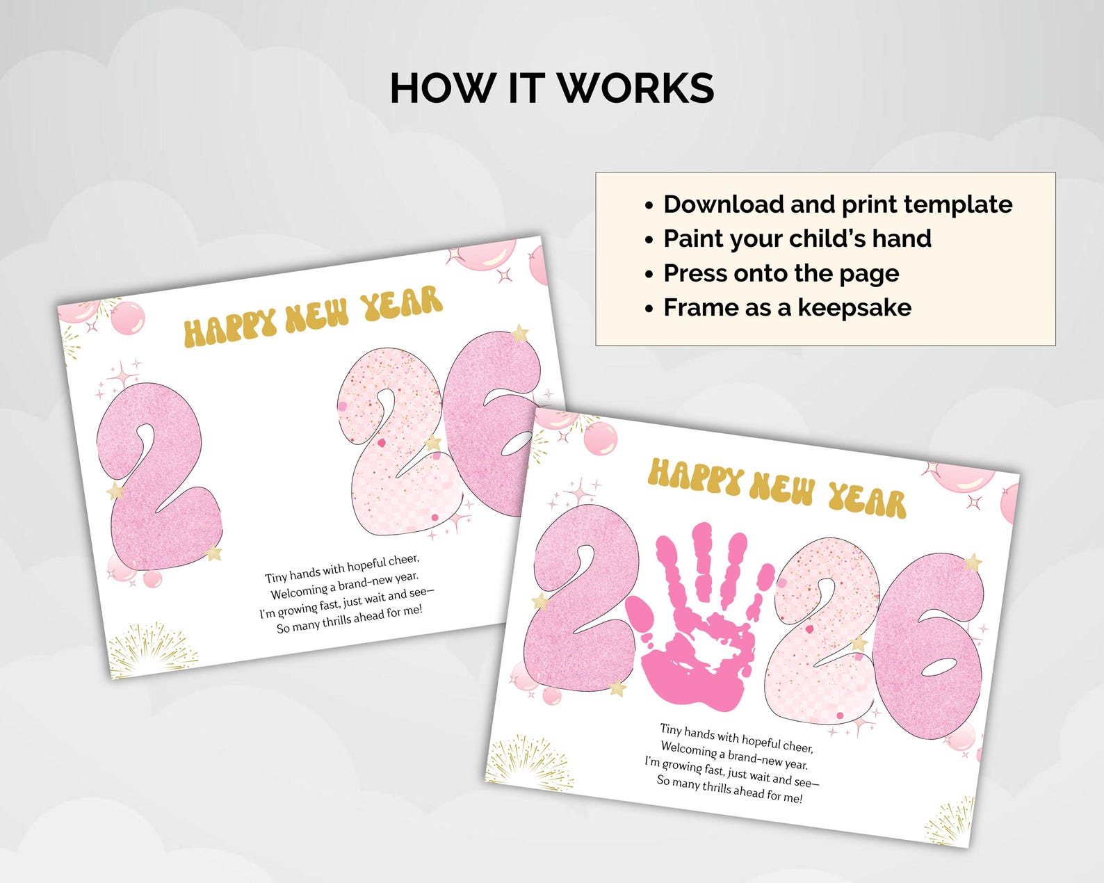 2026 New Year Handprint Craft, Printable Poem, Pink Retro First New ...