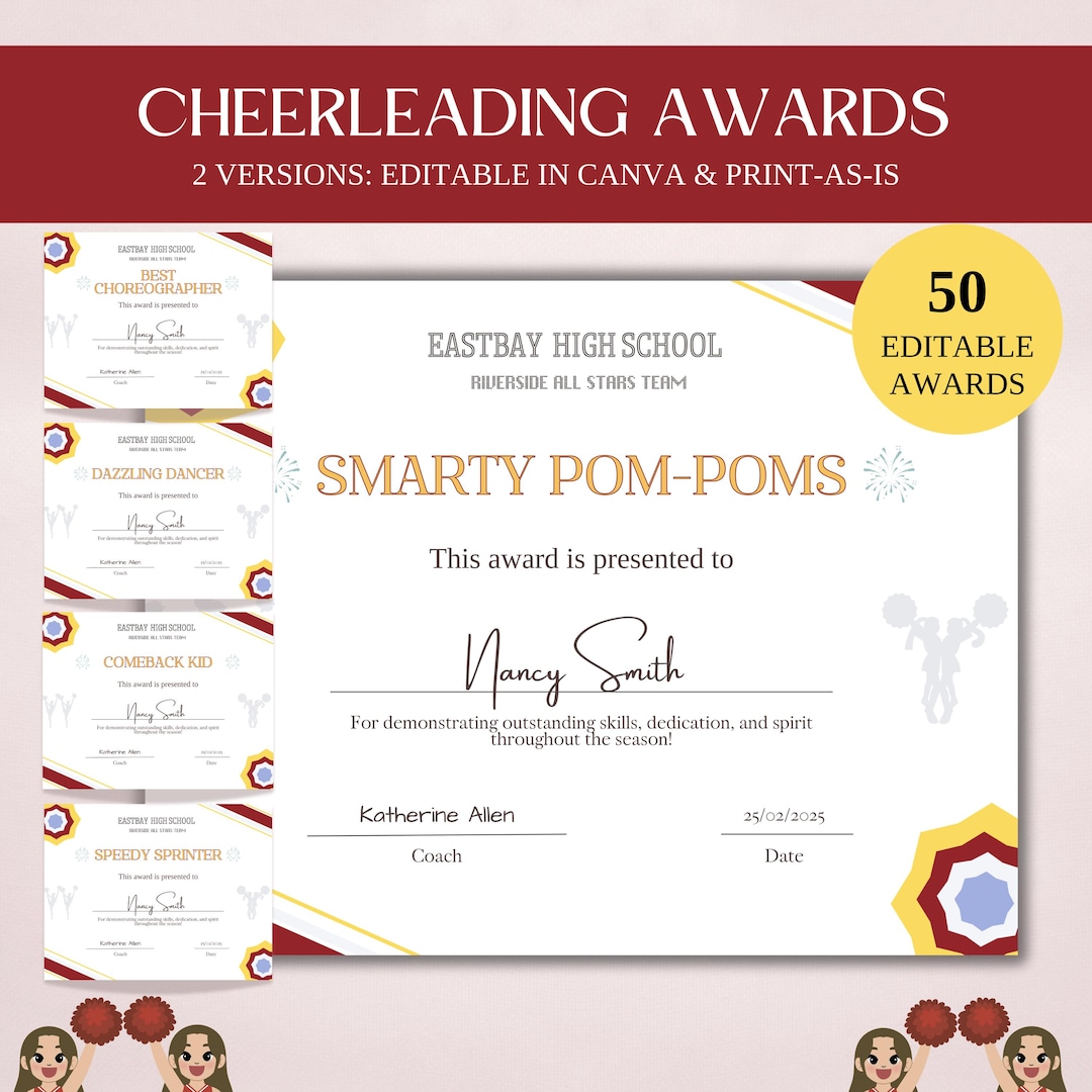 Editable Cheerleading Awards Template, Ready to Print Cheer Certificate ...