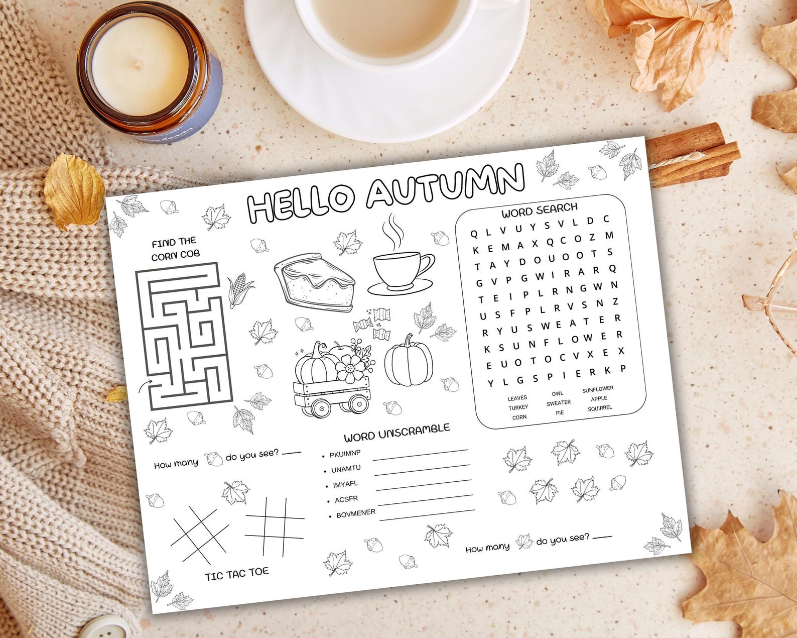 Thanksgiving Activity Placemat for Kids: Fall Games & Coloring (PDF ...